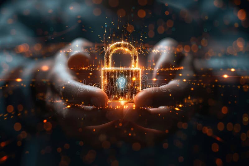 Technology Cybersecurity Concept. Man Holding Virtual Lock Stock Photo ...