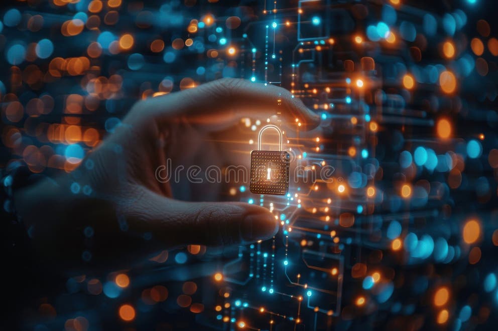 Technology Cybersecurity Concept. Man Holding Virtual Lock Stock Image ...