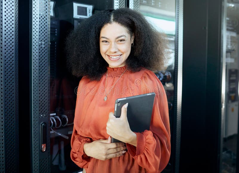 Technology, Data and Woman with Tablet Server Room with Smile in Career ...