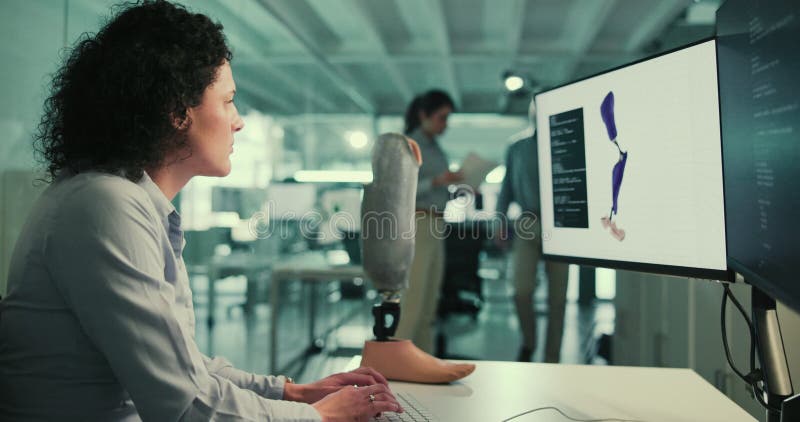 Technology, Development and Woman at Computer Screen with Prosthetic ...