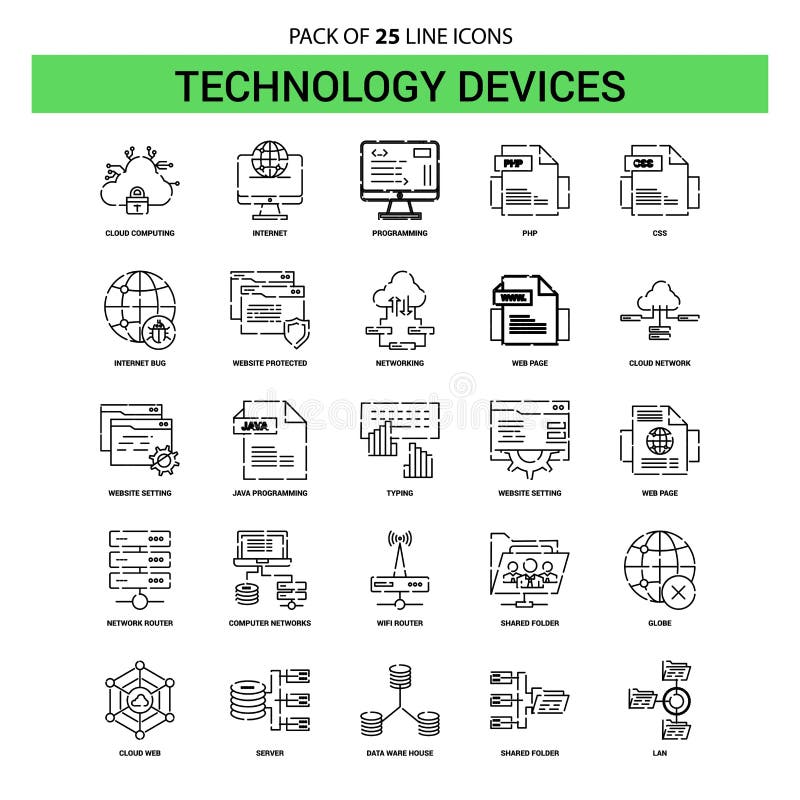 Technology Device Line Icon Set - 25 Dashed Outline Style Stock Vector ...