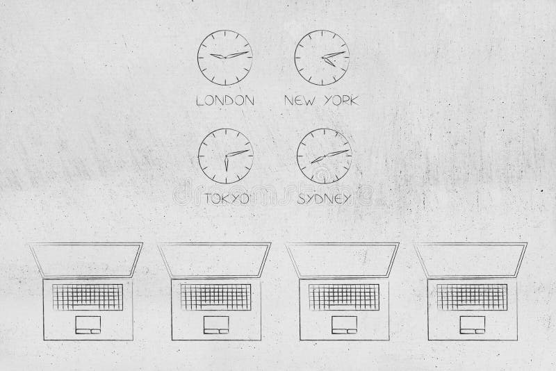 Group of 4 Laptops and Clocks with Different Time Zones in Square ...