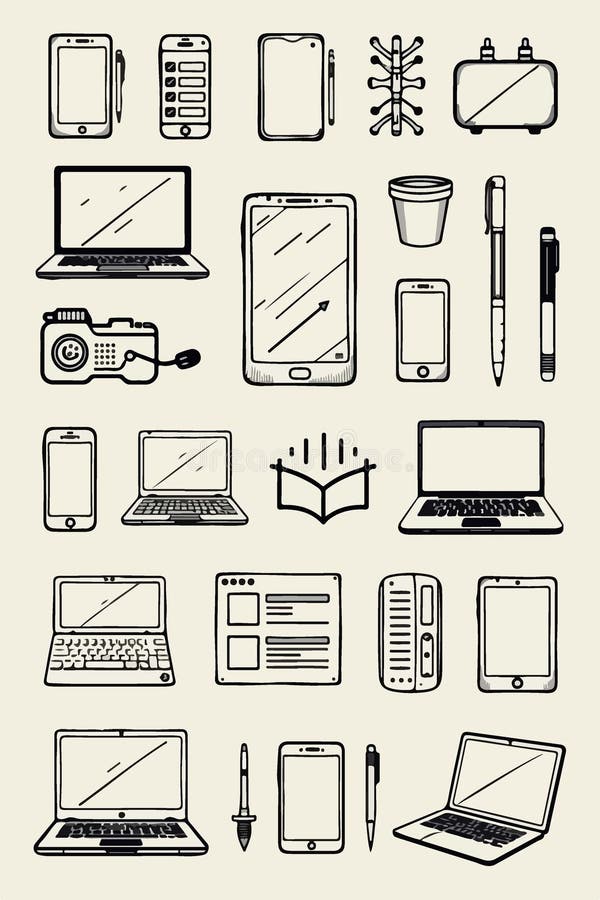 Technology and Digital Tools Ink Art Set Stock Illustration ...