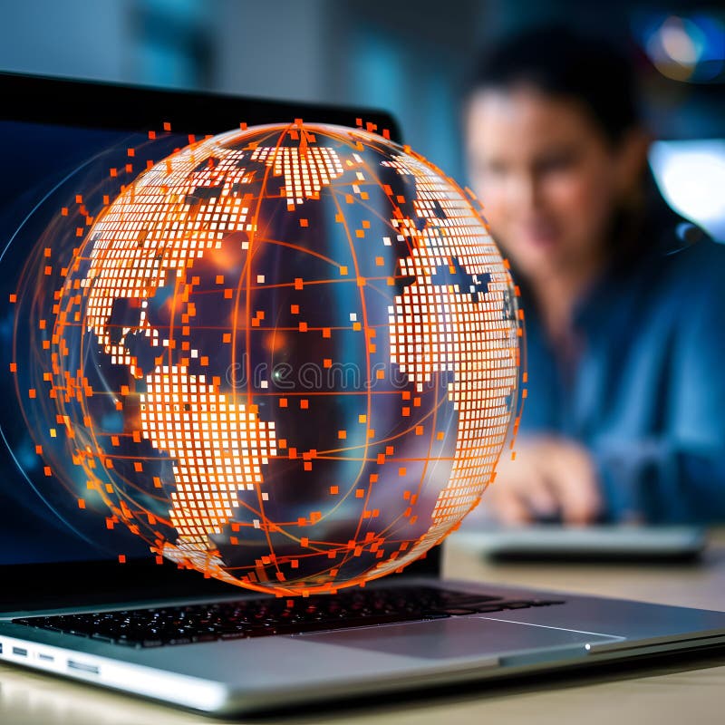 Technology Displaying Connected Holographic Globe with Blurred Person ...