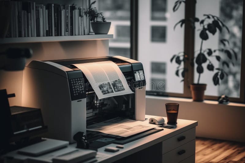 Technology Enabled Office Desk with Close-up of Printer Stock ...