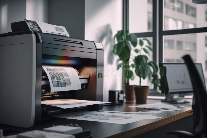 Technology Enabled Office Desk with Close-up of Printer Stock ...