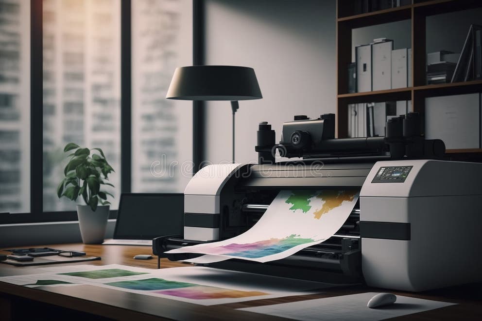 Technology Enabled Office Desk with Close-up of Printer Stock ...