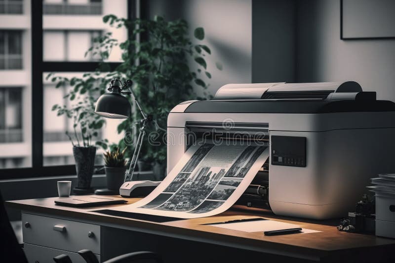 Technology Enabled Office Desk with Close-up of Printer Stock ...