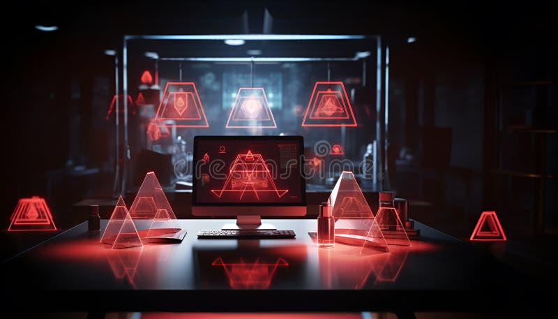 Technology And Engineering Concept Hacker Attack System Red Alert Sign Hologram And