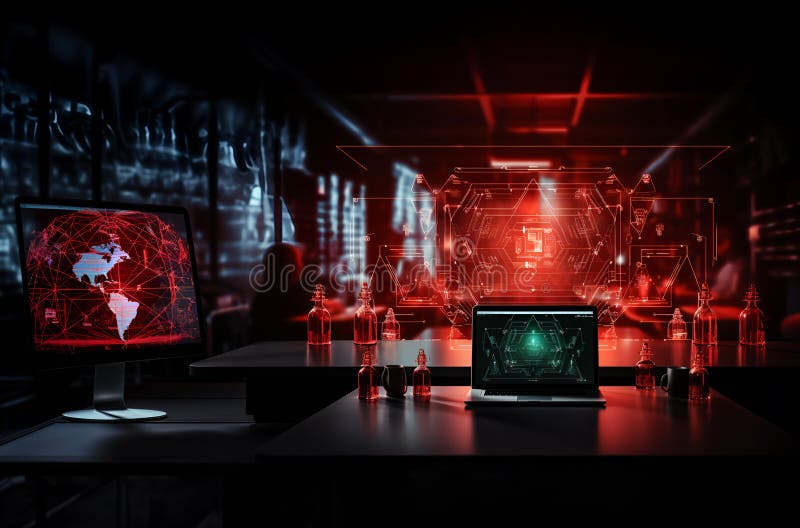Technology And Engineering Concept Hacker Attack System Red Alert Sign Hologram And