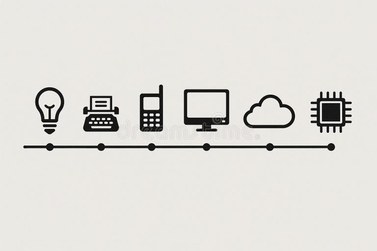 Flat vector icons show timeline of technology, from light bulb and ...
