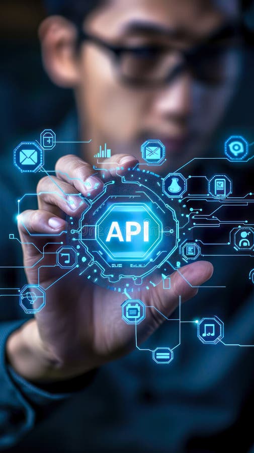 Technology Executive Displaying API Integration Concept with Glowing ...