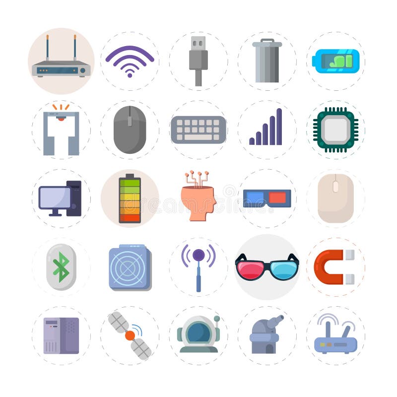 Technology Flat Icon Set with 3d Glasses, Mobile Network, Computer ...