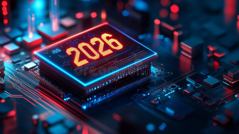 Technology of the Future a Computer Chip Illuminates the Year 2026 on a ...