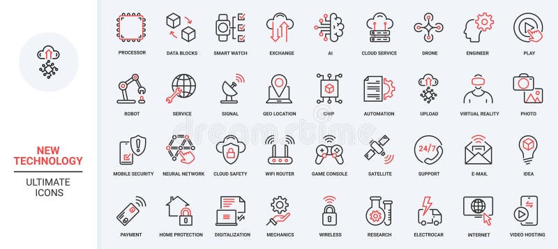 Technology of Future Trendy Red Black Thin Line Icons Set, Modern ...