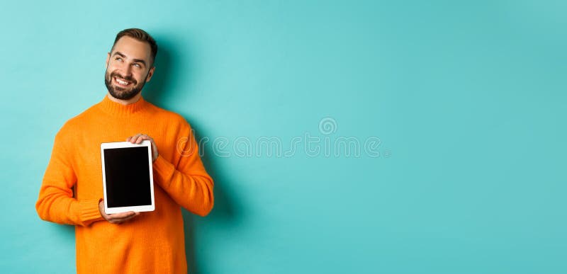 Technology. Handsome Adult Man Showing Digital Tablet Screen, Smiling ...