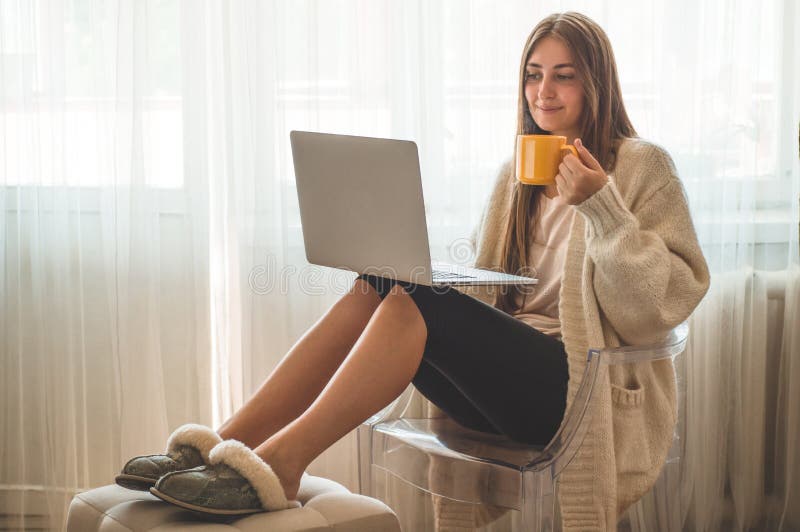 Technology, Home. Female Working with the Laptop Computer, Sitting on ...
