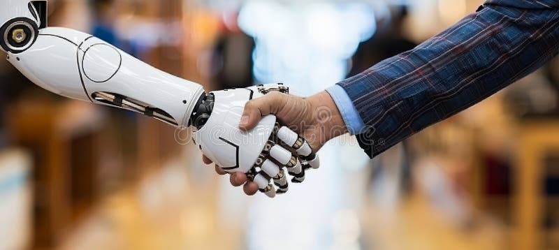 Technology and Humanity Merge As Men and Robot Hands Shake in Close Up ...