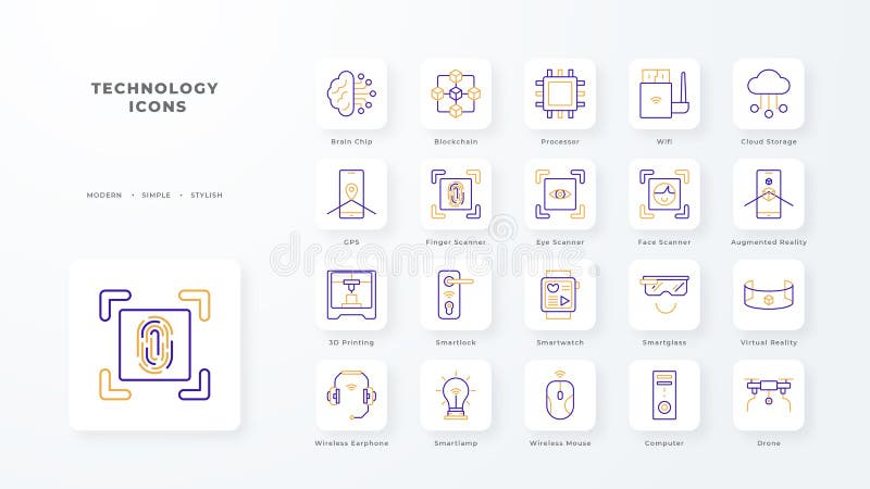 Technology Icon Collection with Purple and Orange Duotone Style ...