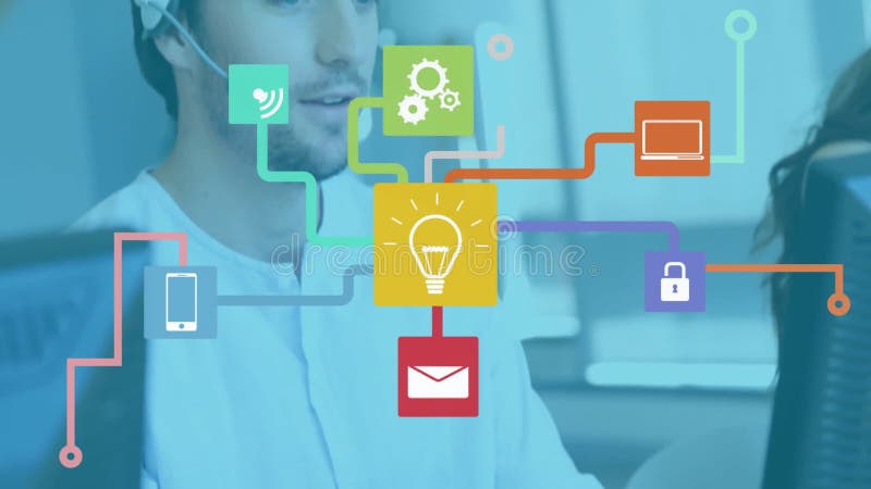 Technology Icons and Connectivity Animation Over People Working in ...