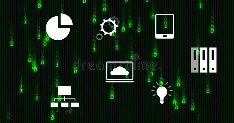Technology Icons Including Pie Chart and Light Bulb Over Binary Code ...