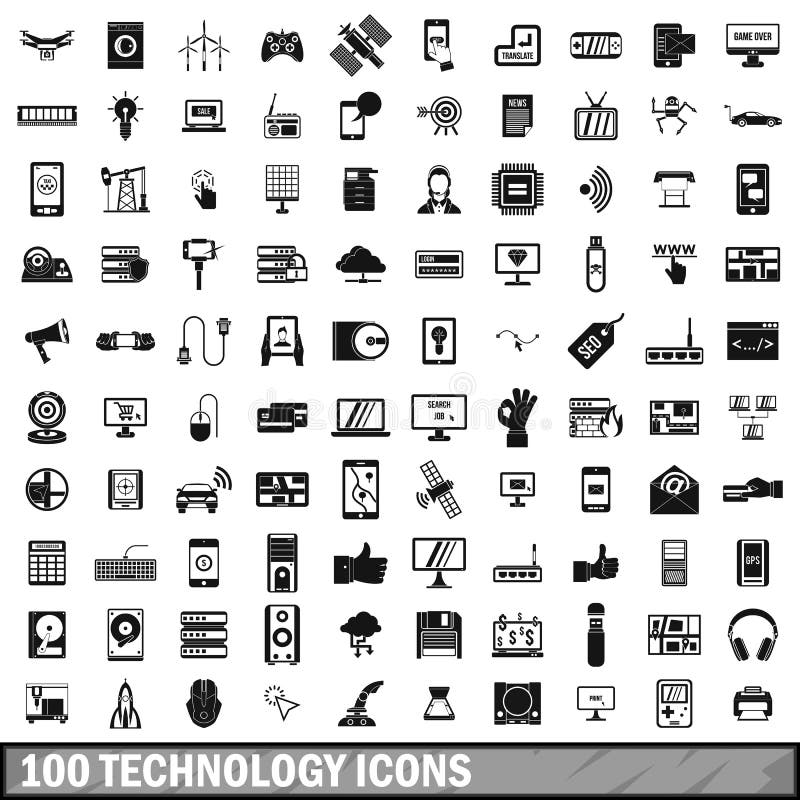100 Technology Icons Set, Simple Style Stock Vector - Illustration of ...
