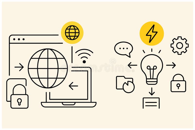 Technology and Innovation Icon Set Global Internet, Idea Lightbulb ...