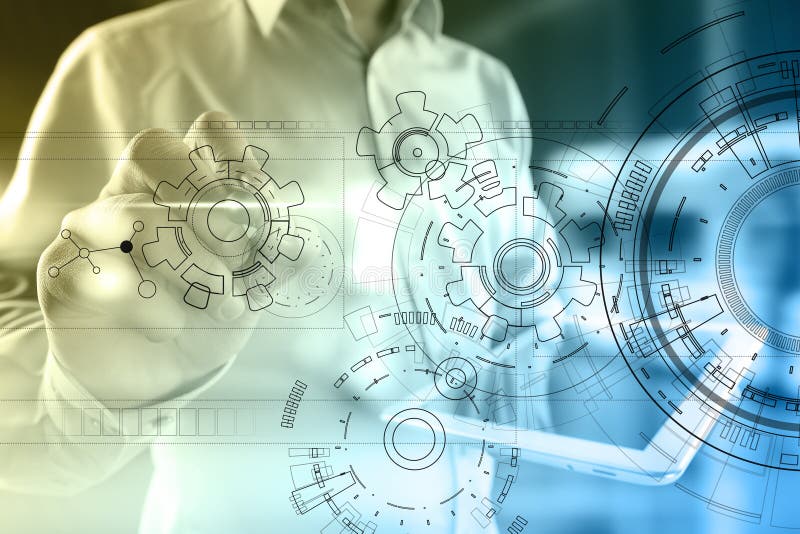 Technology Interface Background with Gears Draft. Engineering, Business ...