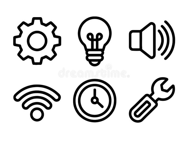 Technology Interface Set Gear Lightbulb Wifi Clock Speaker Wrench Stock ...