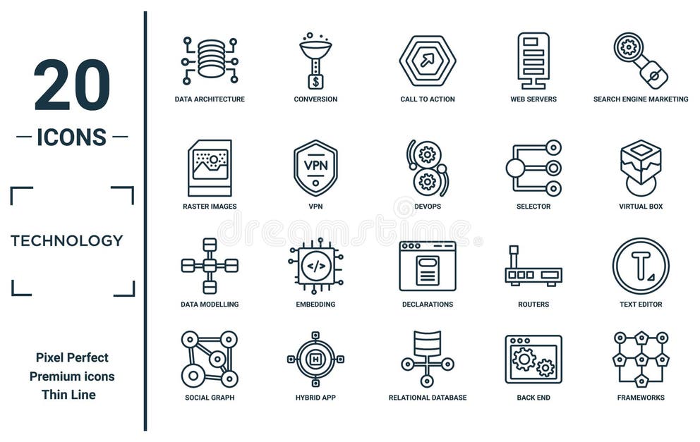 Technology Linear Icon Set. Includes Thin Line Data Architecture ...