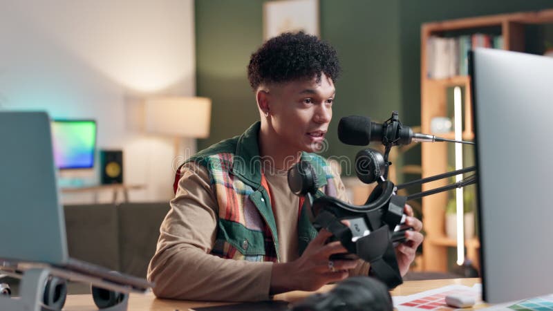 Technology, Man and Influencer with Computer Microphone and Speaking ...