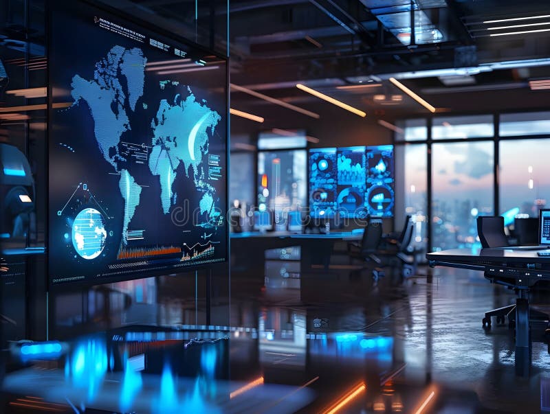 Technology Monitors with World Data, Vibrant Office Workspace ...