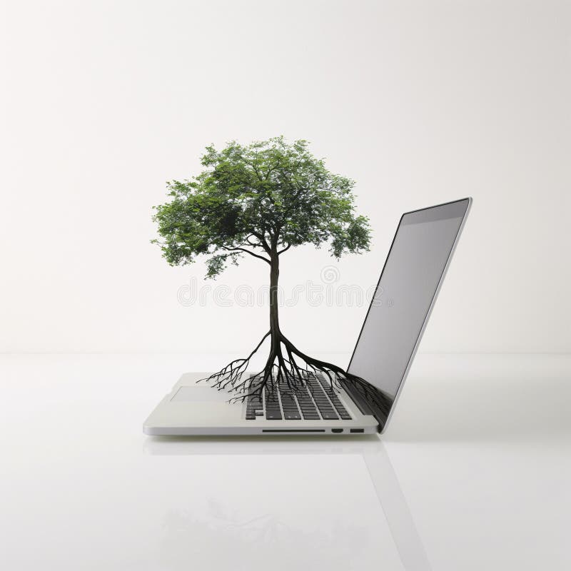 Technology and Nature Converging, Tree Growing from Computer Device ...