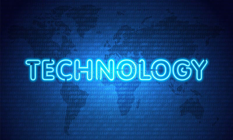 Technology. Neon Symbol on Blue Map Background with Binary Code. Data ...