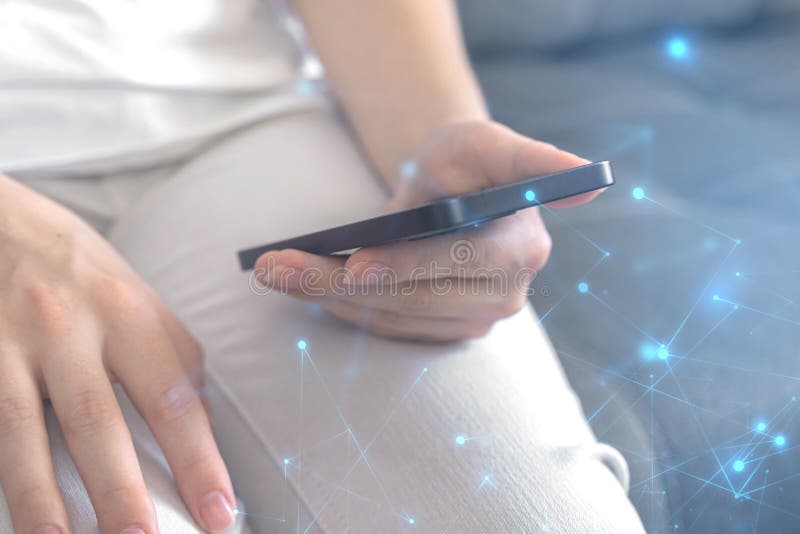 Technology Networking Concept, Woman at Home Using Smartphone with ...