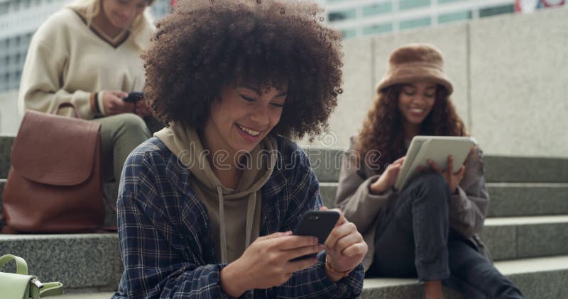 Technology, Networking and Students on the Stairs in the City Scrolling ...