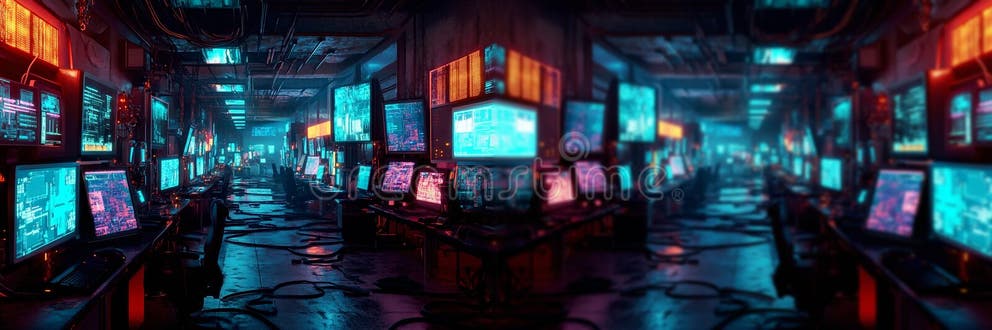 Technology at Night: a Dimly Glowing Computer in a Room, Representing ...