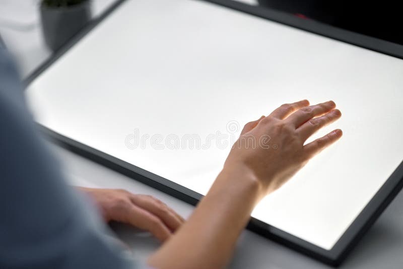 Hand on Led Light Tablet at Night Office Stock Image - Image of ...