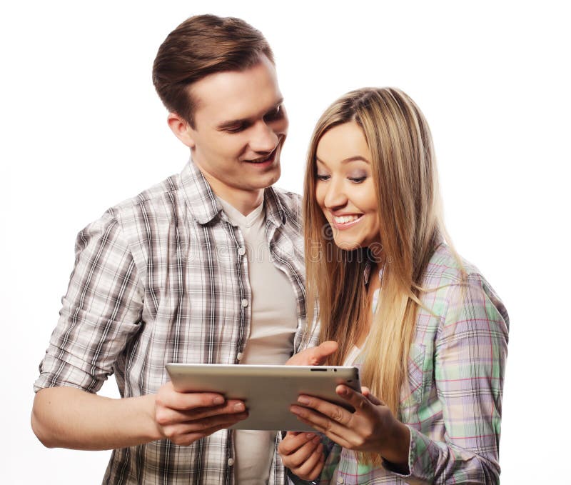 Happy Young Couple Holding Tablet Pc Computer Stock Image - Image of ...