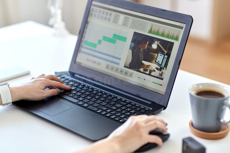 Woman with Video Editor Program on Laptop at Home Stock Image - Image ...