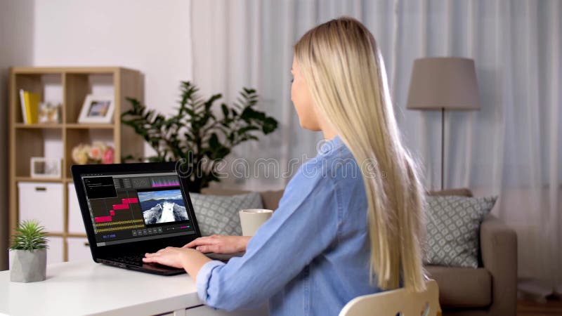 Woman with Video Editor Program on Laptop at Home Stock Video - Video ...
