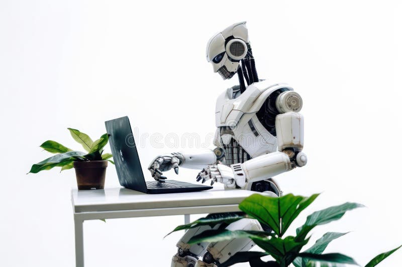 Robot with Laptop. New Technologies. Artificial Intelligence. GPT Chat ...