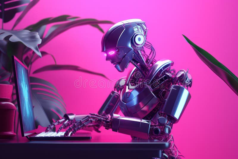 Robot with Laptop. New Technologies. Artificial Intelligence. GPT Chat ...