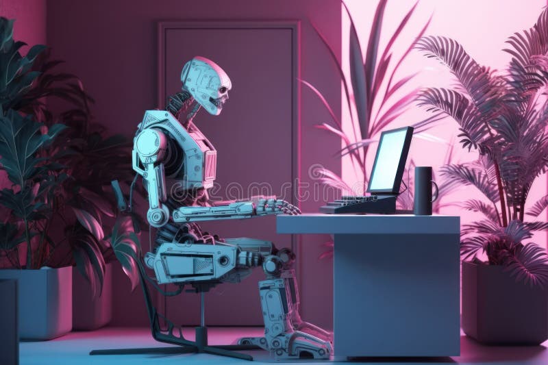 Robot with Laptop. New Technologies. Artificial Intelligence. GPT Chat ...