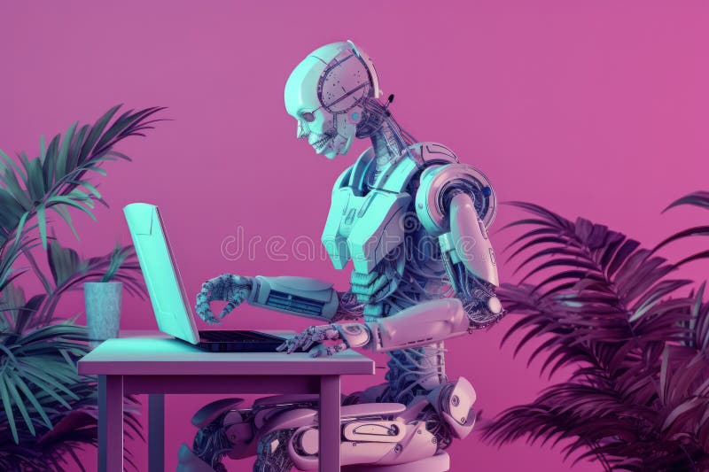 Robot Bot with Laptop. New Technologies. Artificial Intelligence. GPT ...