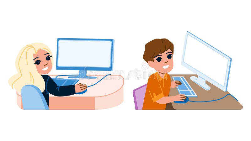 Technology School Computer Lab Kid Vector Stock Vector - Illustration ...
