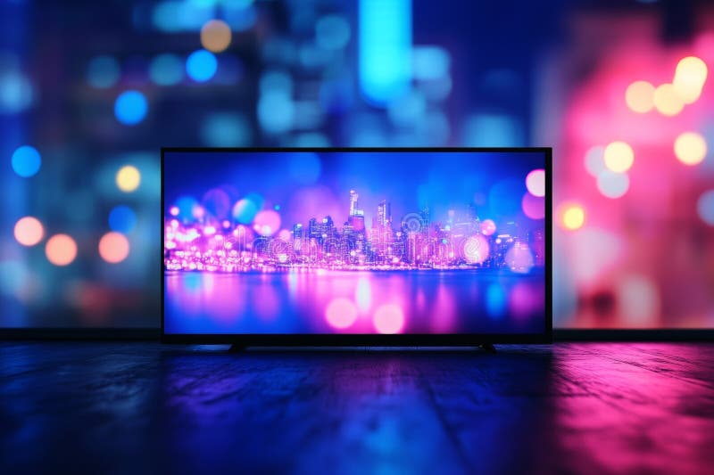 Technology Screen with Blurred City Abstract Lights Background. Stock ...