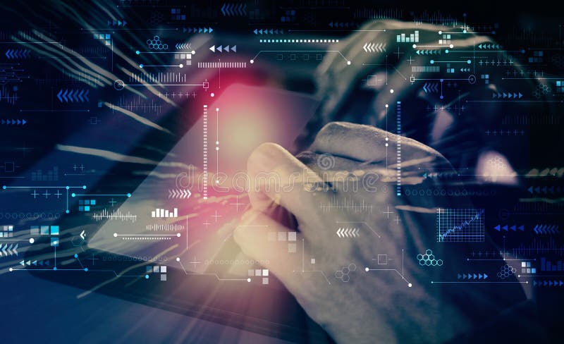 Technology Screen with Man Using Tablet Stock Image - Image of lines ...