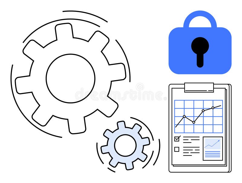 Technology and Security Concept with Gears, Lock, and Analytics Chart ...