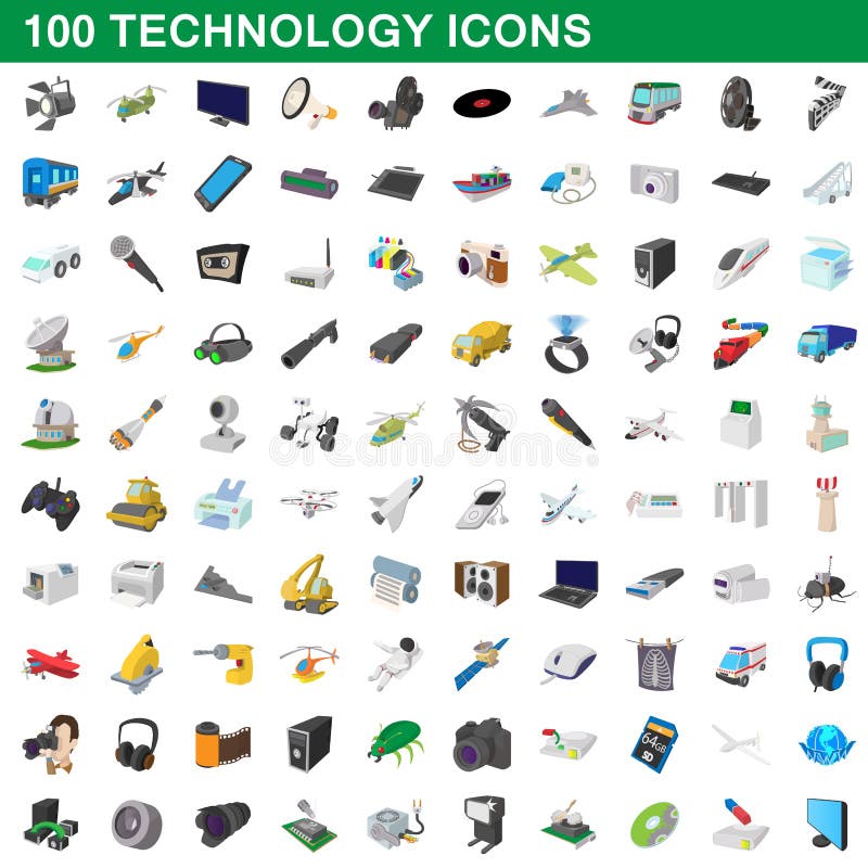 100 Technology Set, Cartoon Style Stock Vector - Illustration of ...